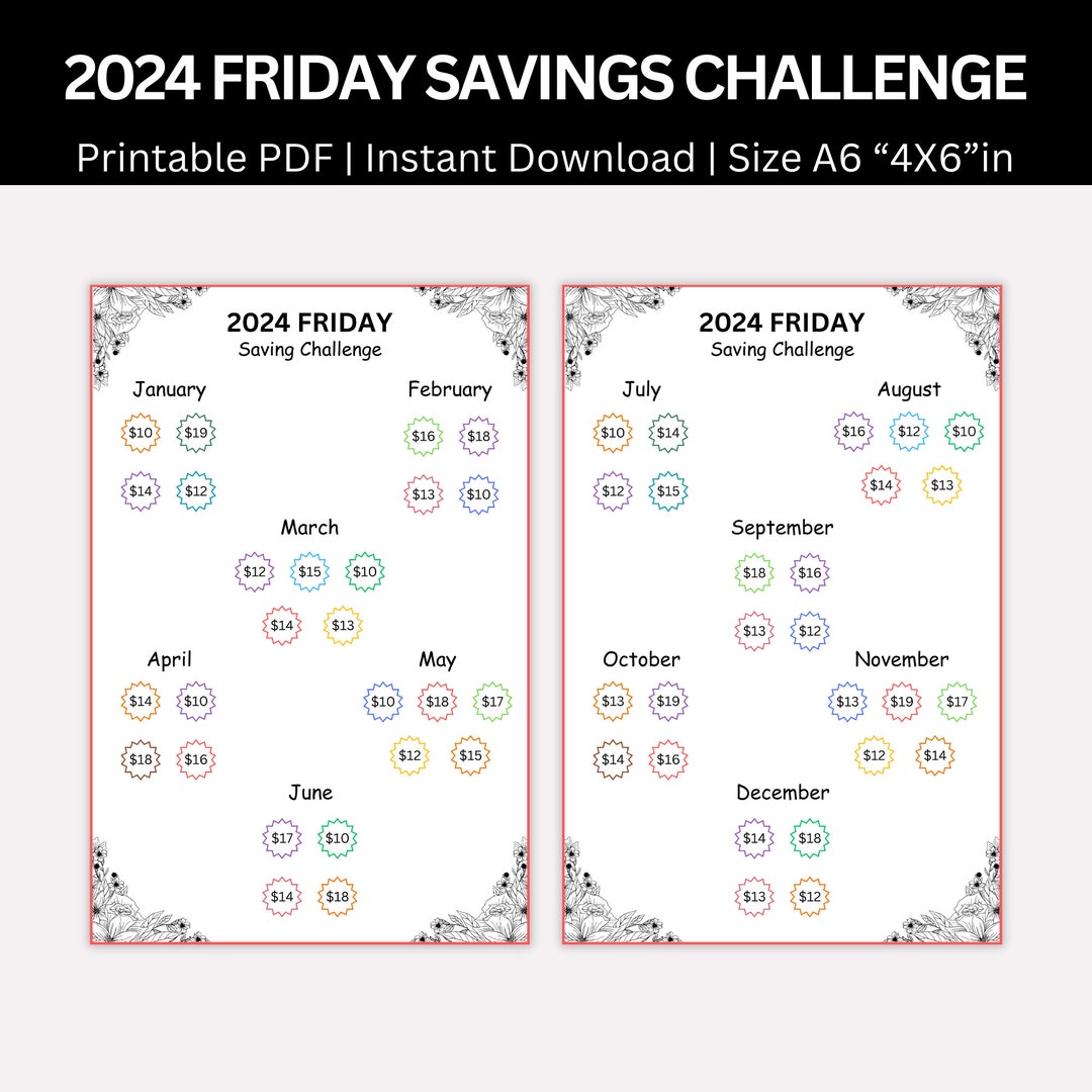 2024 Friday Savings Challenge Printable, Every Friday Saving Challenge ...
