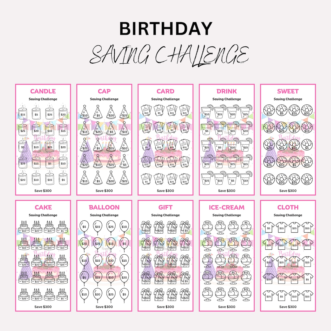 Birthday Savings Challenge Printable Bundle, A6 Sized Mini Birthday ...