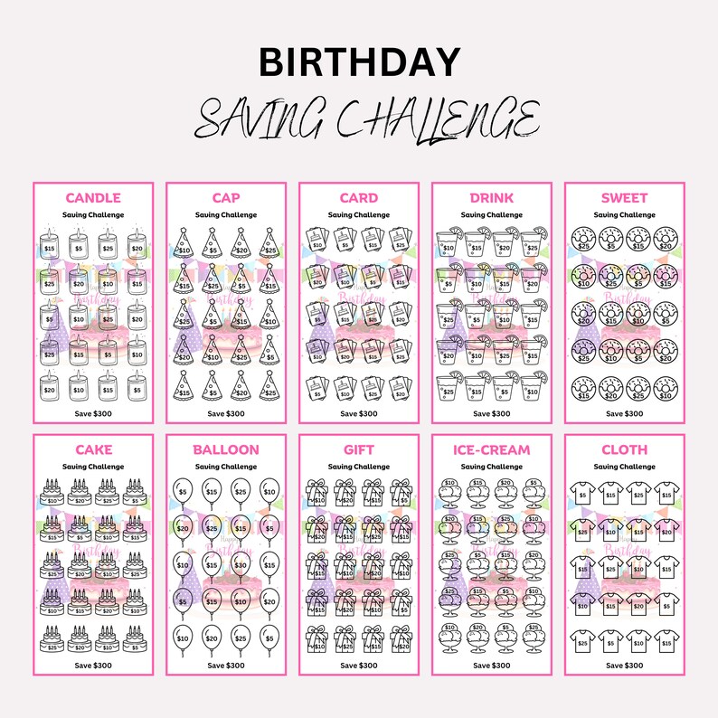 Birthday Savings Challenge Printable Bundle, A6 Sized Mini Birthday ...