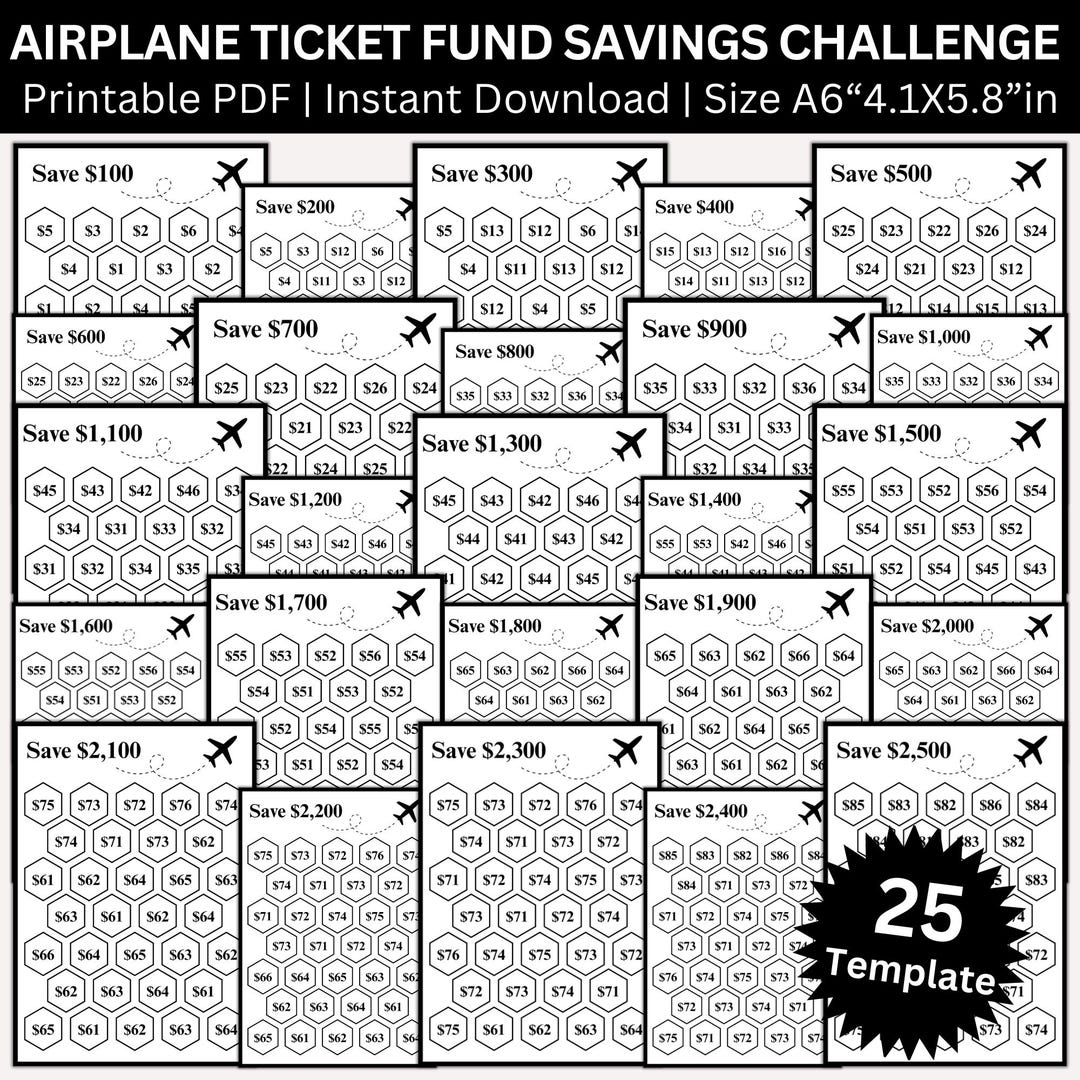 Airplane Ticket Savings Challenge: Printable A6 Travel Fund Trackers ...