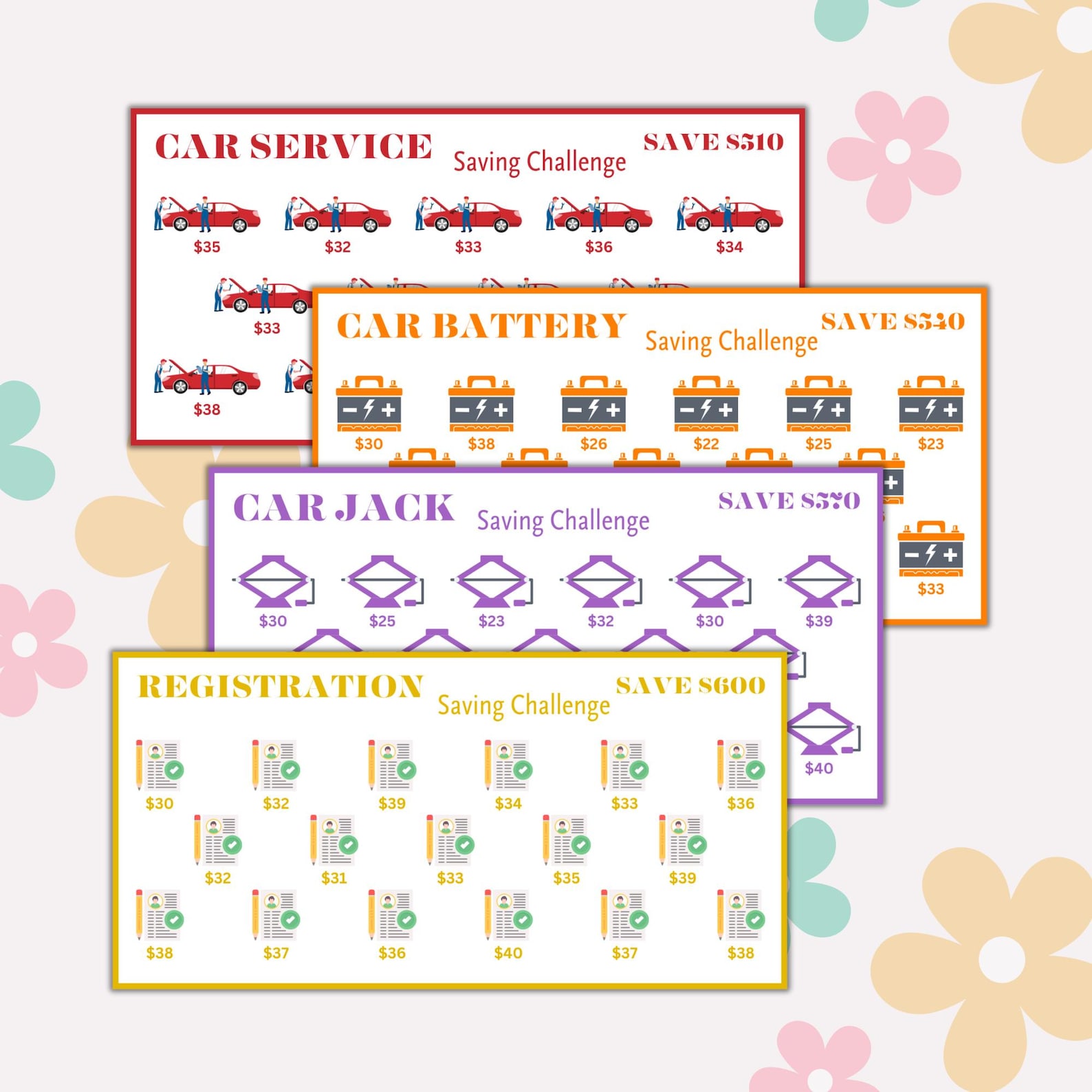 Car Savings Challenge Printable Bundle, Vehicle Auto Repair Saving ...