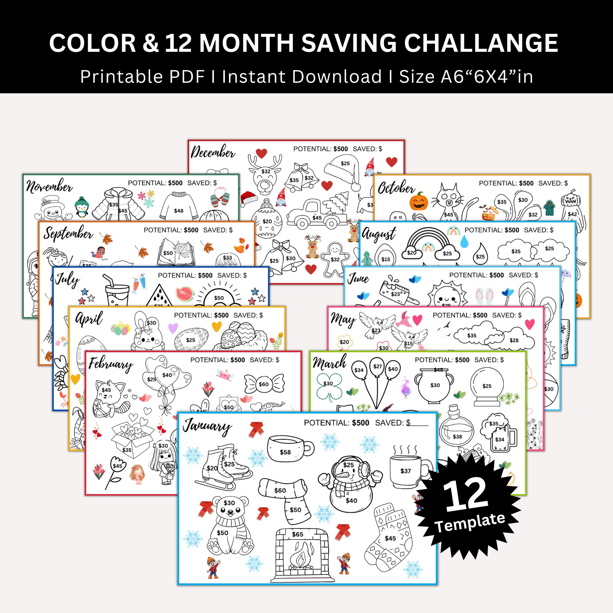 12 Month Color Savings Tracker Bundle, Monthly Savings Challenge ...