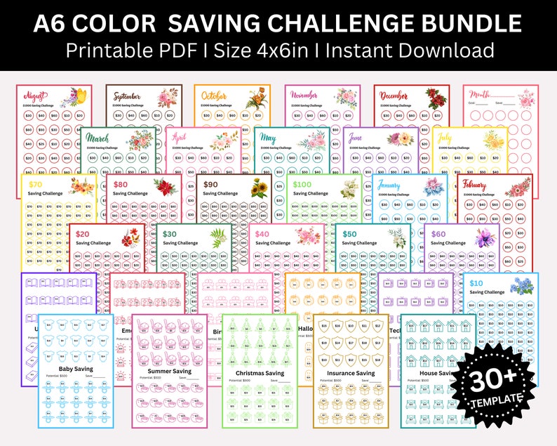 Savings Challenges Printable Bundle, A6 Mini Saving Challenge Tracker ...