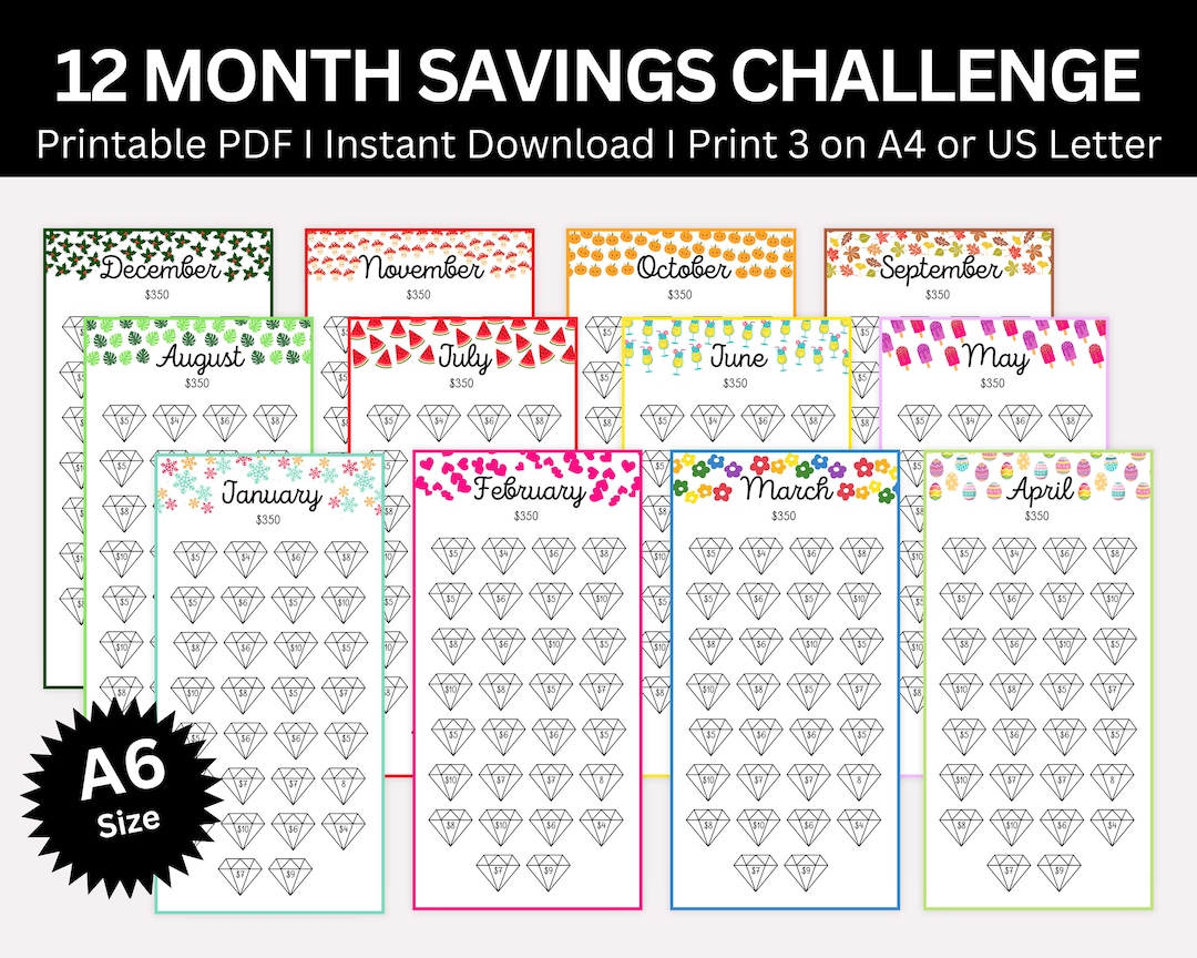 12 Month Savings Challenges Printable, Saving Challenge Bundle, Mini ...