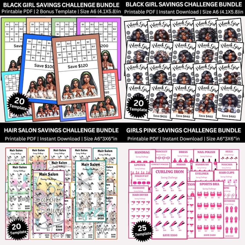 Black Girl Savings Challenge Mega Bundle, 1021 Printable Templates, A6 ...