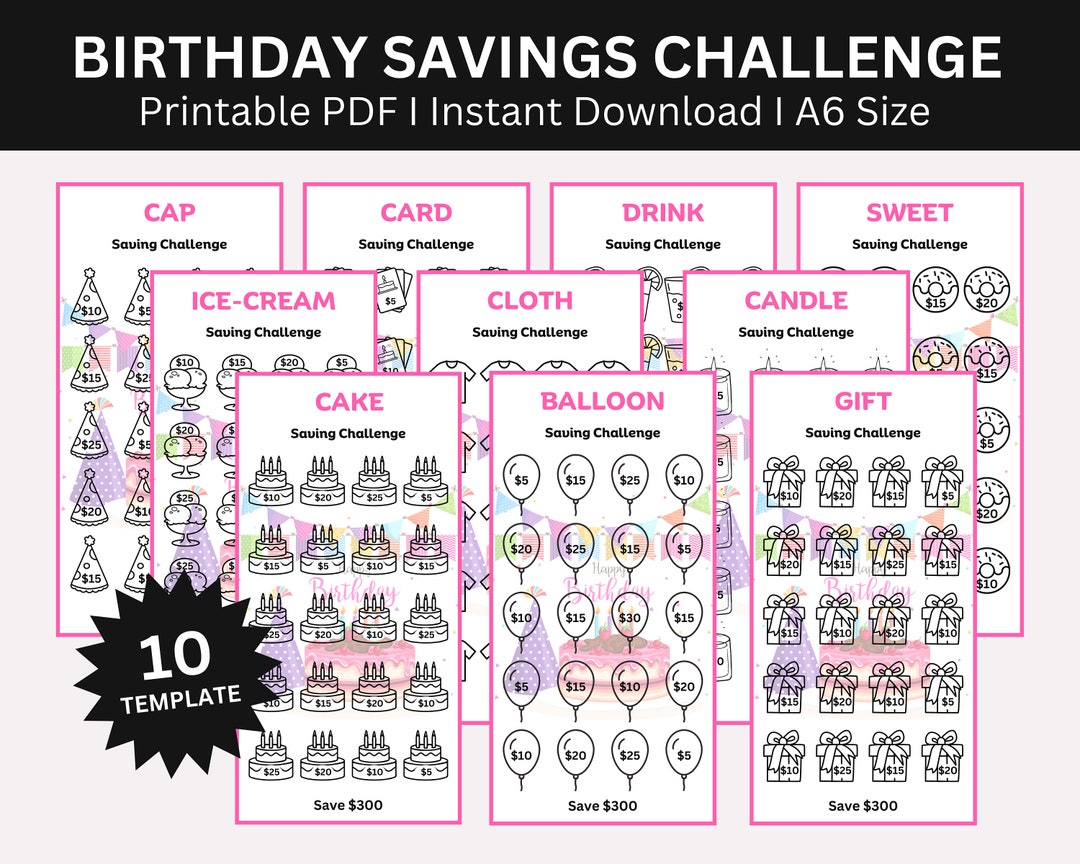 Birthday Savings Challenge Printable Bundle, A6 Sized Mini Birthday ...