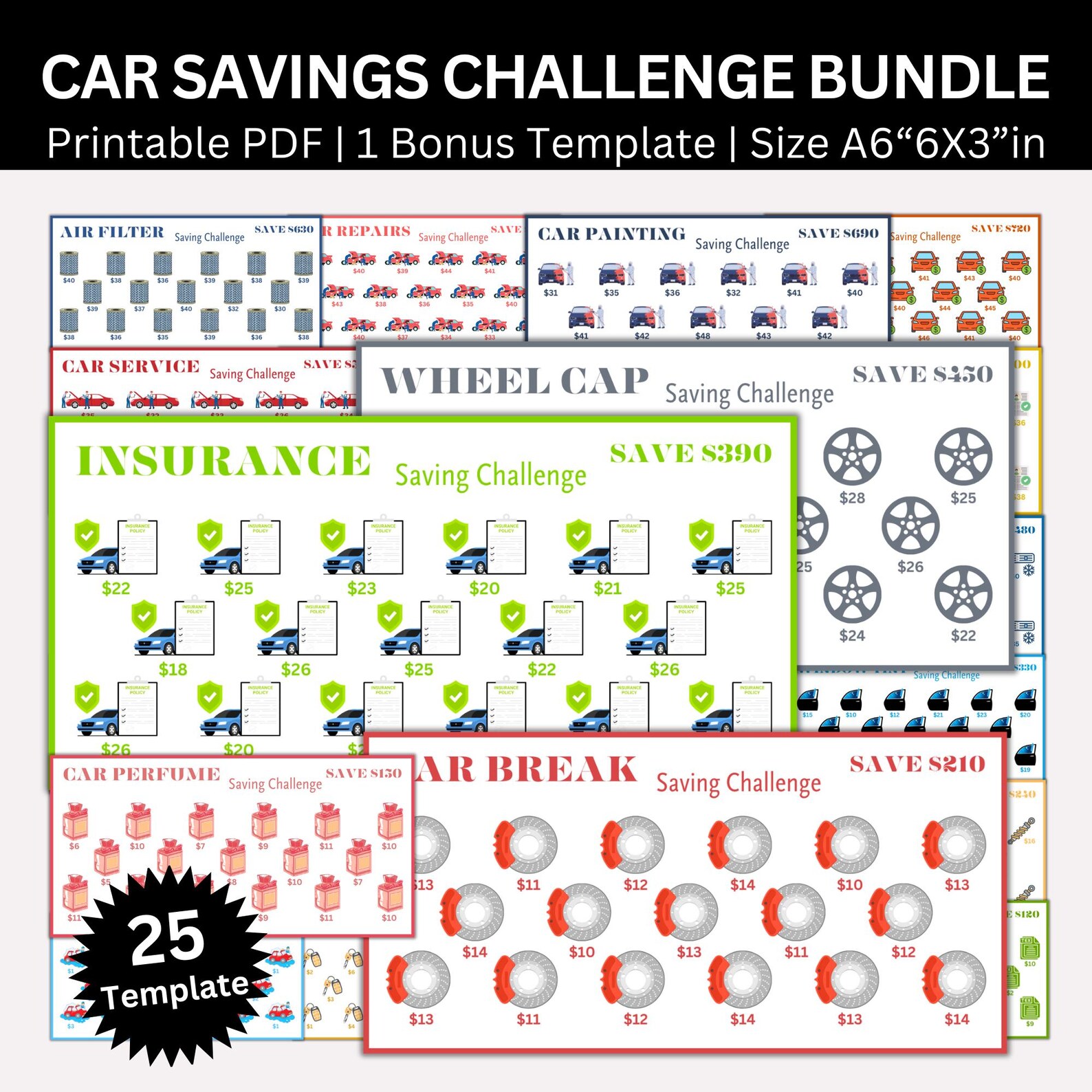 Car Savings Challenge Printable Bundle, Vehicle Auto Repair Saving ...