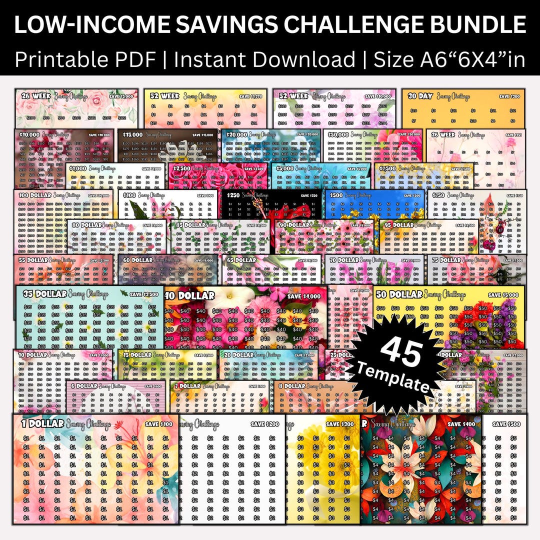 Low Income Savings Challenge Printable, A6 Floral Low Income Budget ...