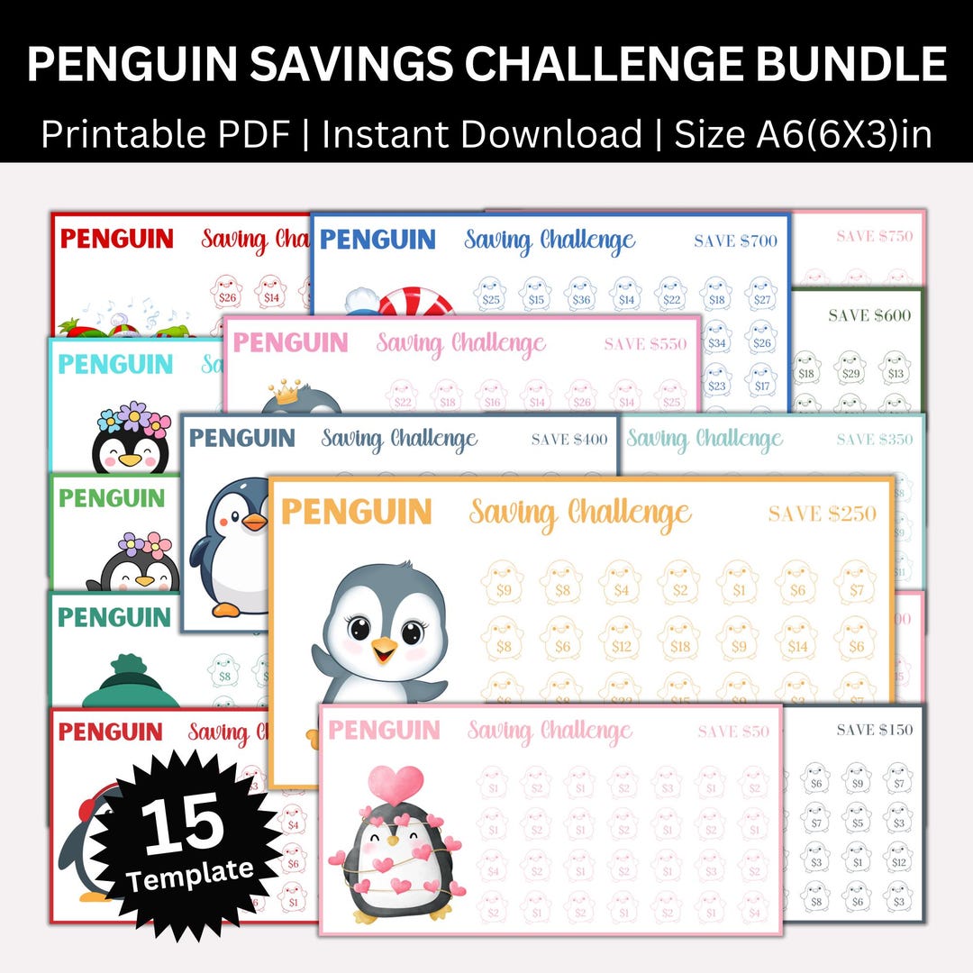 A6 Penguin Saving Challenge Printable Bundle, Mini Penguins Savings ...