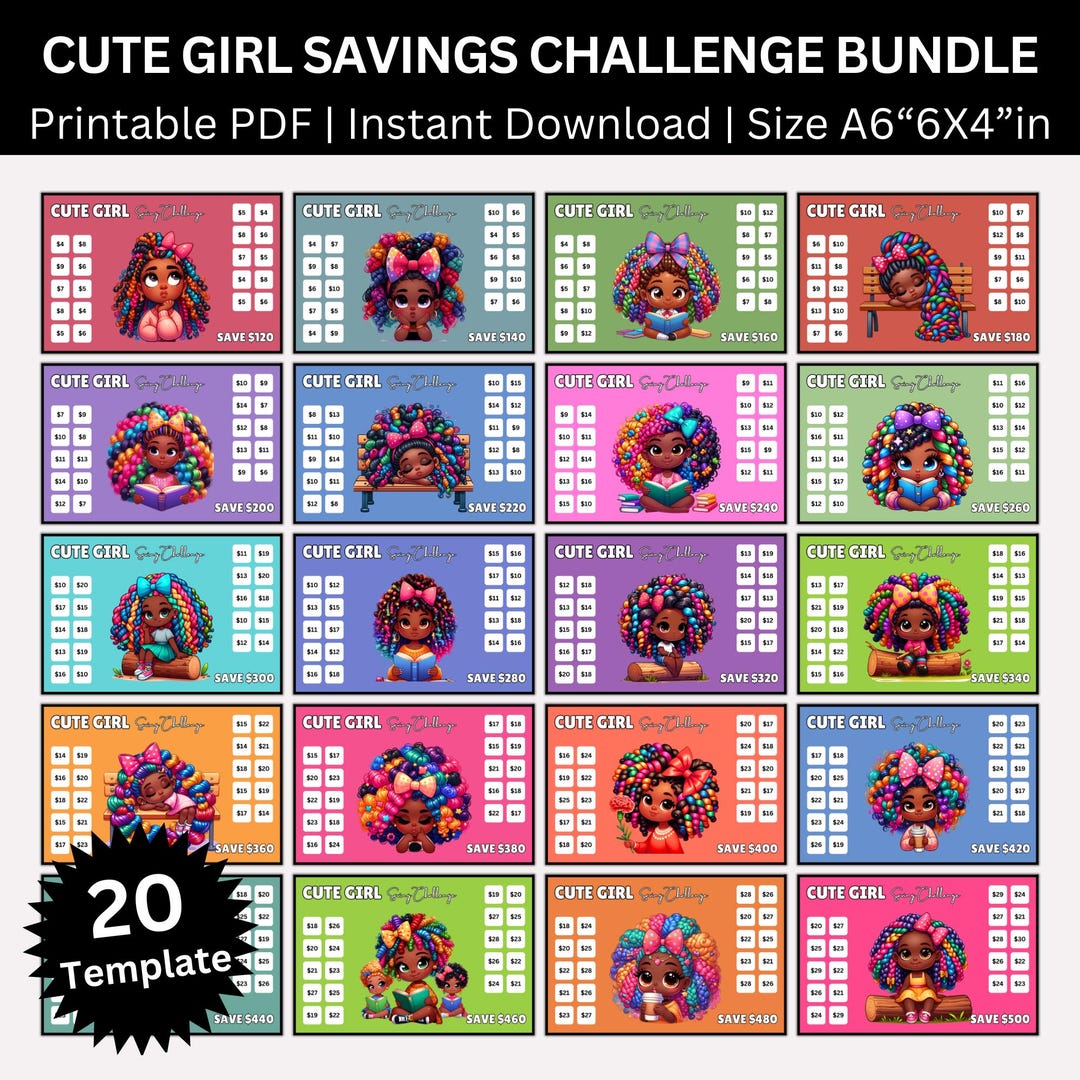 Cute Girl Savings Challenge Printable Bundle, A6 Self Care Low-income ...