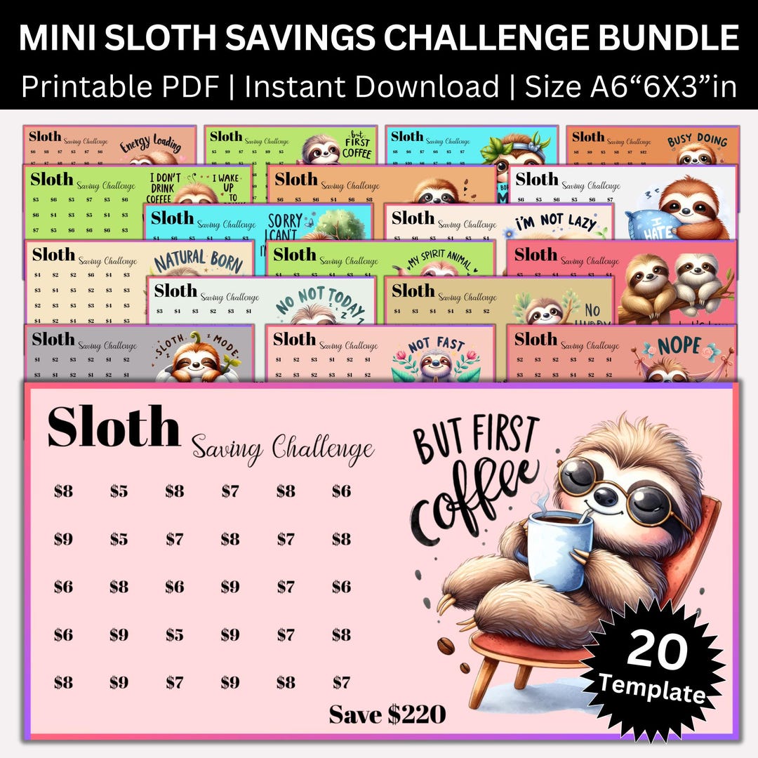 Cute Baby Sloth Savings Challenges Printable Bundle, Mini Sloth Anima ...