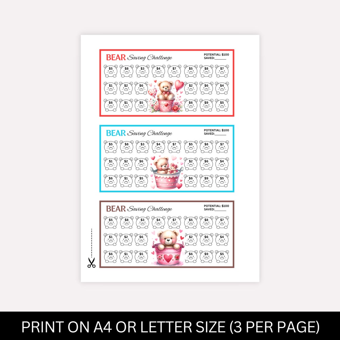 Teddy Bear Savings Challenge Printable, Mini Saving Challenges, A6 Cash ...