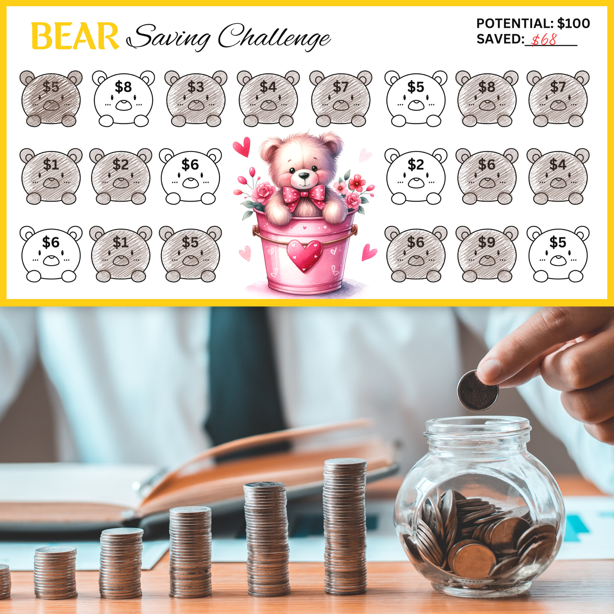 Teddy Bear Savings Challenge Printable, Mini Saving Challenges, A6 Cash ...