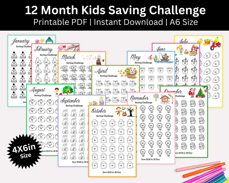 Kids Savings Challenge Printable, Mini A6 Kids Coloring Book for Saving ...
