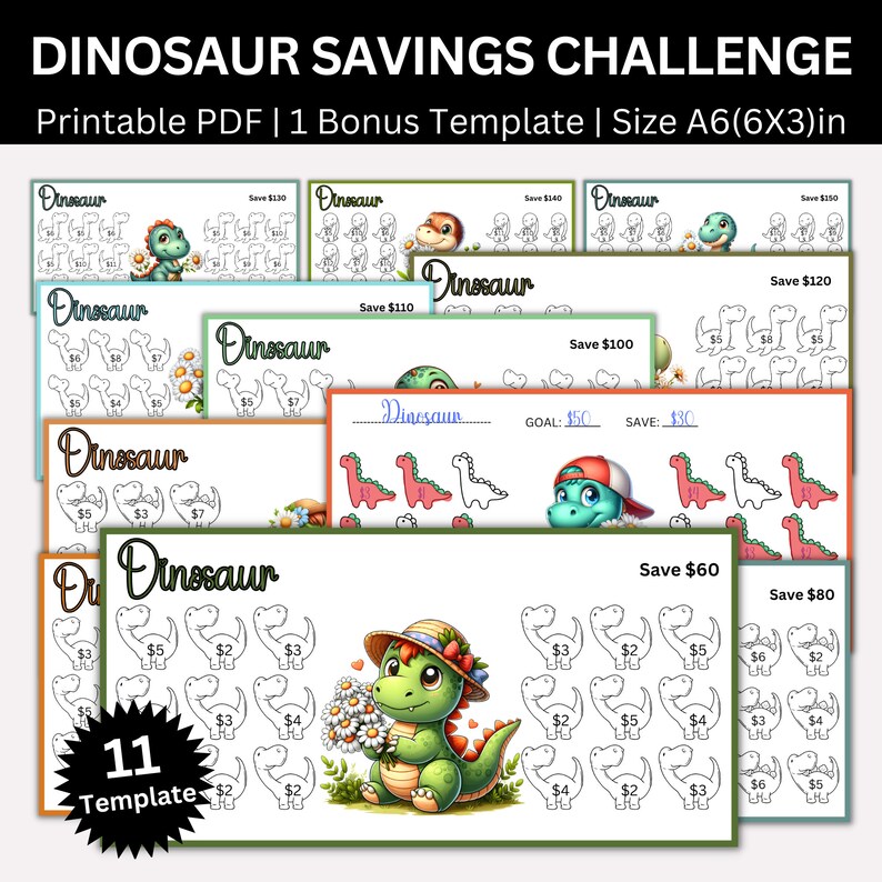 Mini A6 Dinosaur Savings Challenge Printable, Baby Dino Saving ...