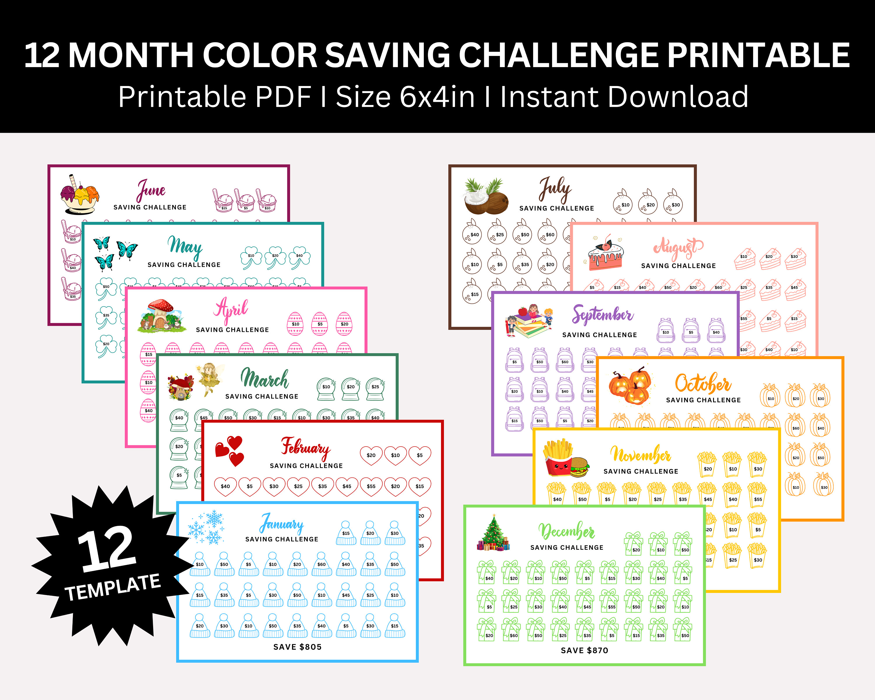 Monthly Saving Challenge Printable, Money Savings Challenge Bundle ...