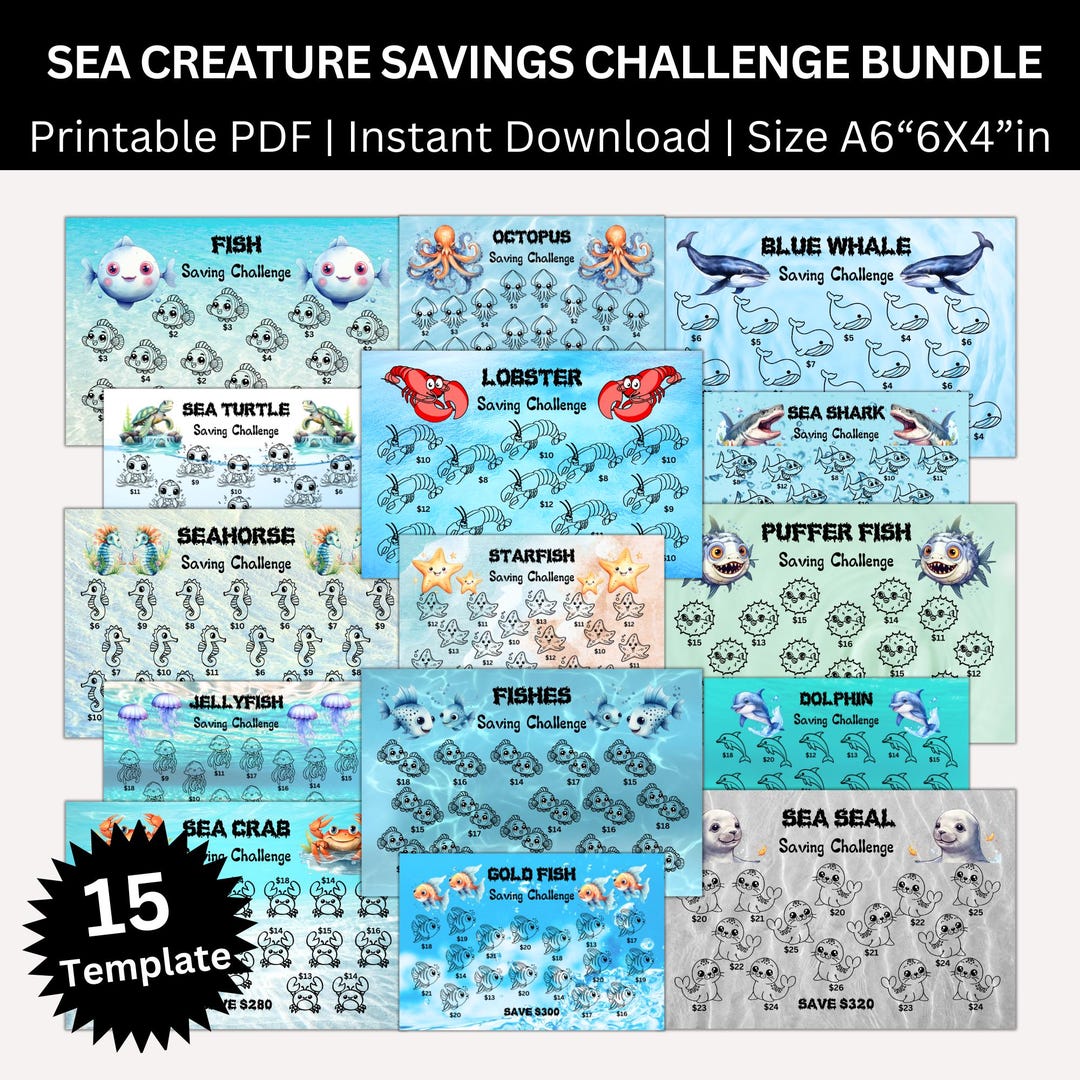 Sea Creature Animals Savings Challenge Printable Bundle, Mini A6 Ocean ...