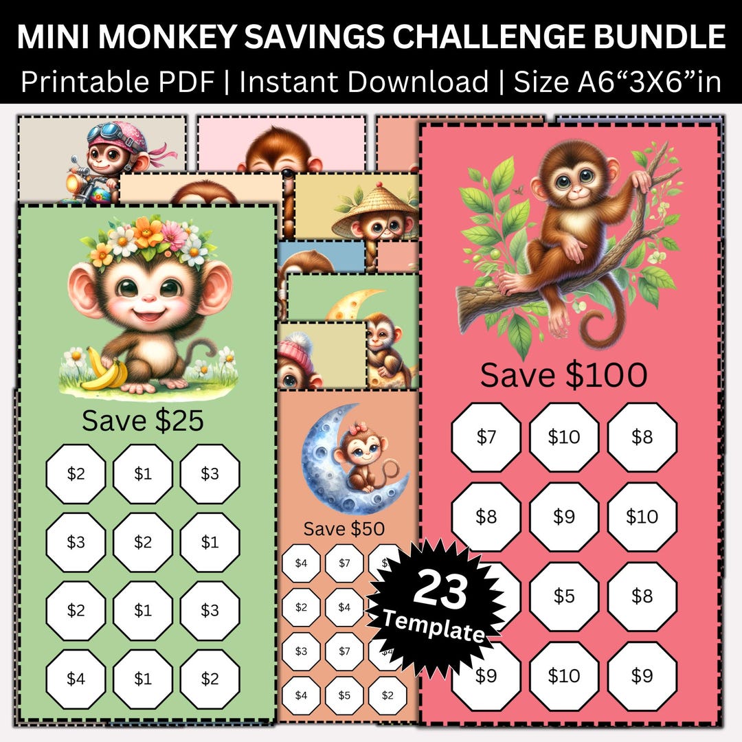Cute Monkey Saving Challenge Printable, A6 Baby Monkey Animal Savings ...