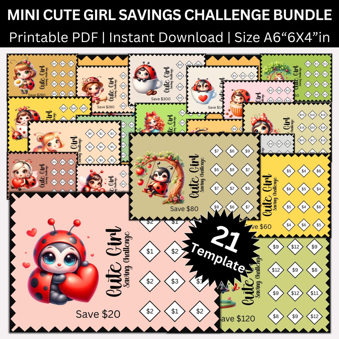 Cute Mini A6 Savings Challenge Printable Bundle, A6 Kawaii Girl ...