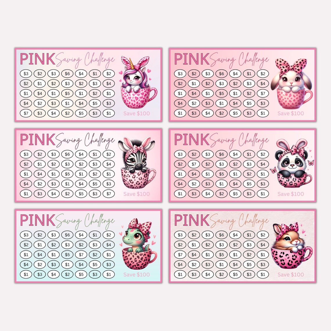 Pink Savings Challenge Printable, Pink Planner, Mini A6 Pink Animal ...