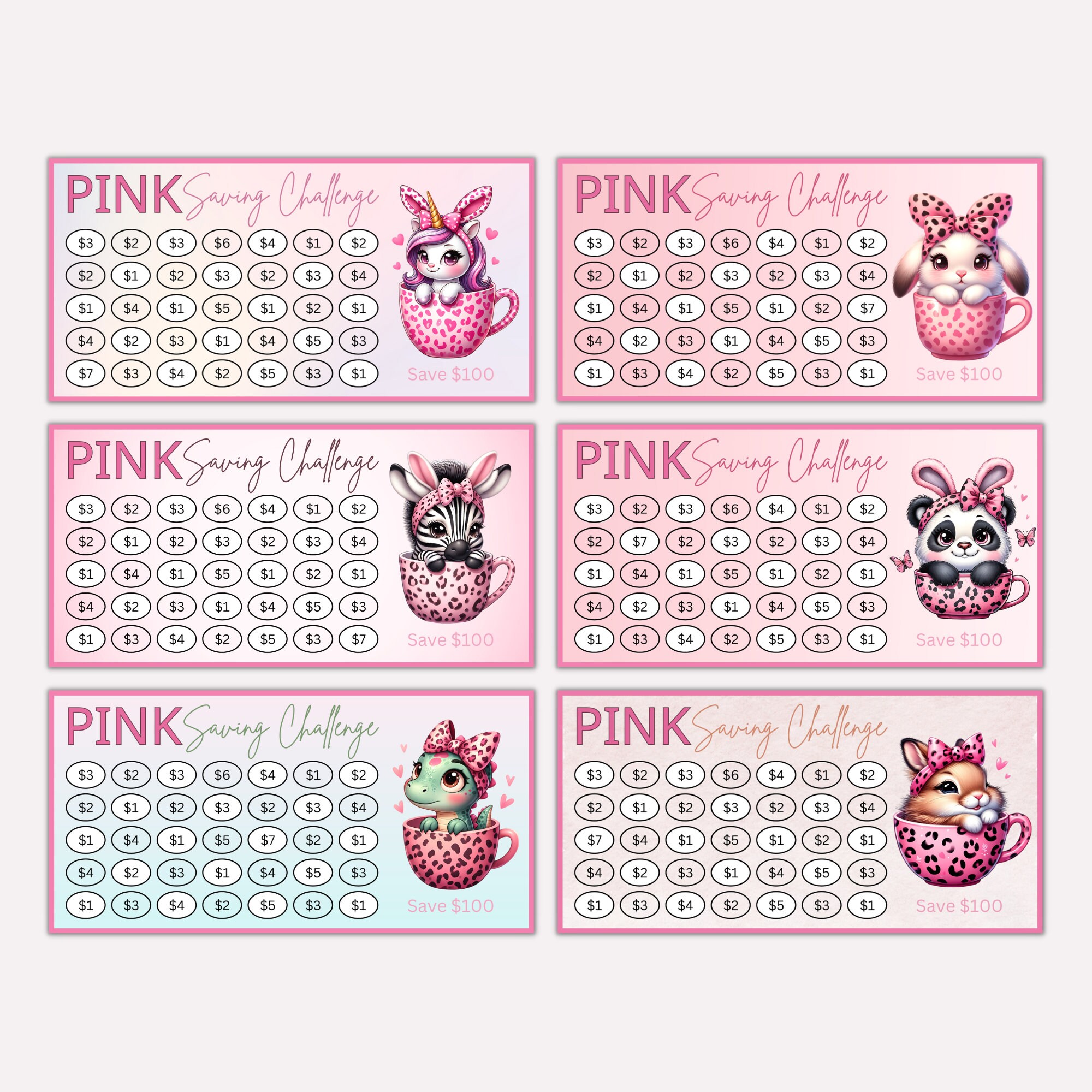 Pink Savings Challenge Printable, Pink Planner, Mini A6 Pink Animal ...