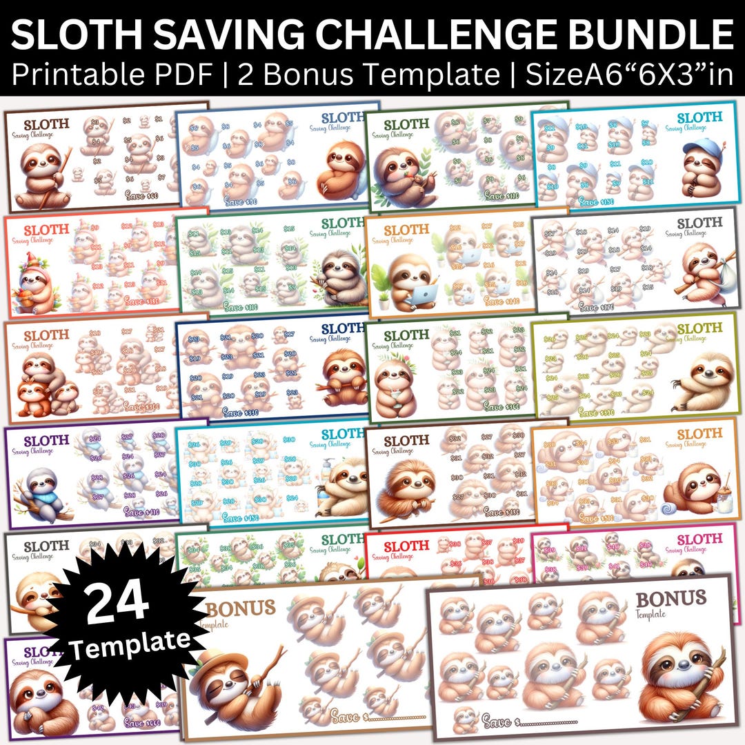 Sloth Savings Challenges Printable Bundle, Mini A6 Cute Sloth Anima ...