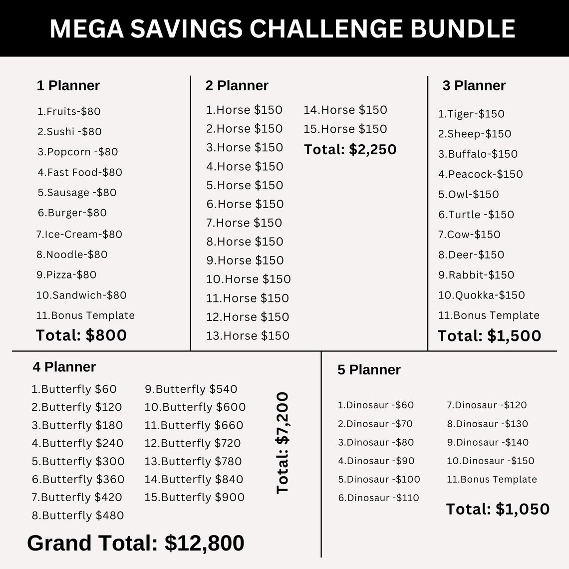 Mega Savings Challenge Printable Bundle, Horse Saving Challenges, Animal Savings Challenge, Food ...