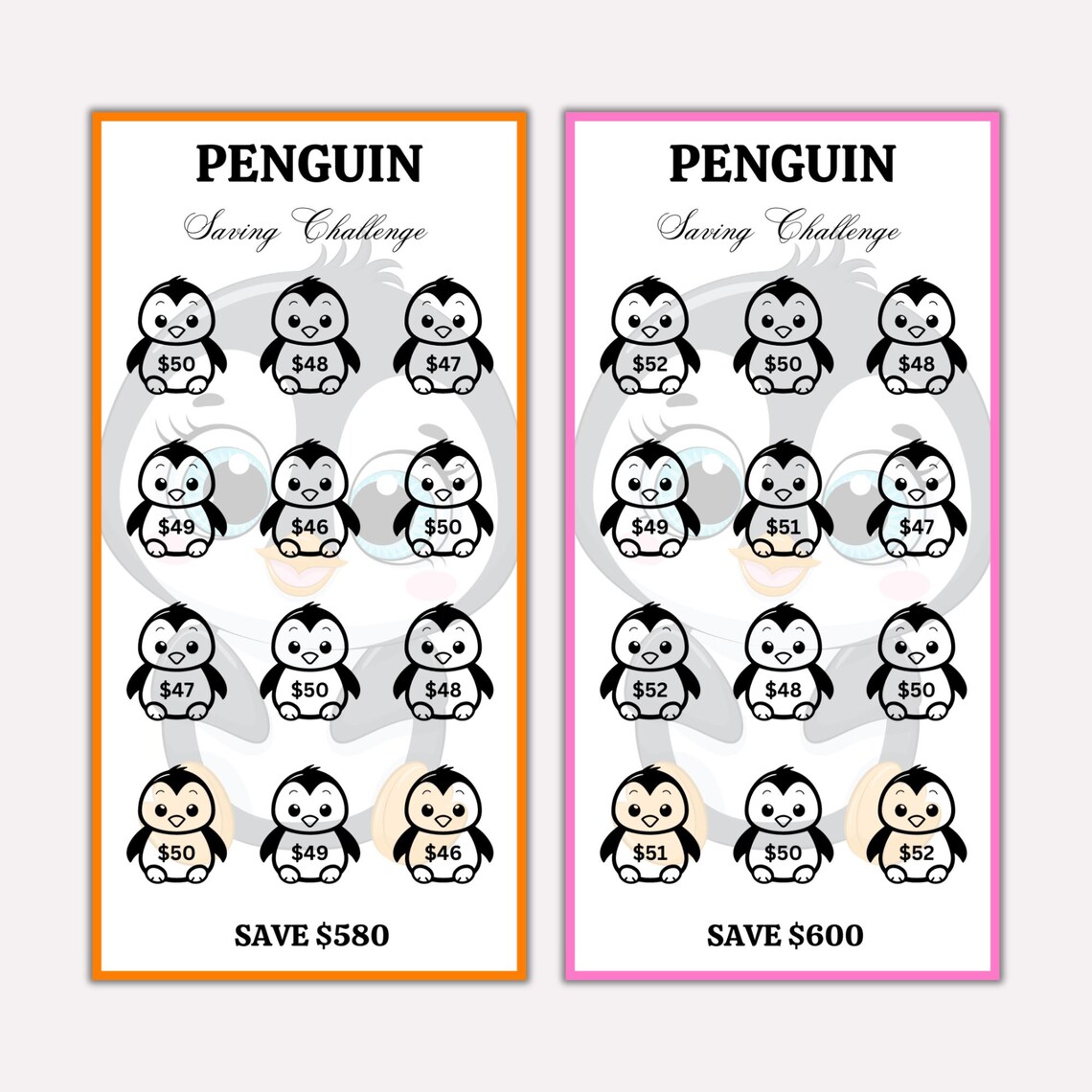 Penguins Savings Challenge Printable Bundle, Mini A6 Penguin Saving ...