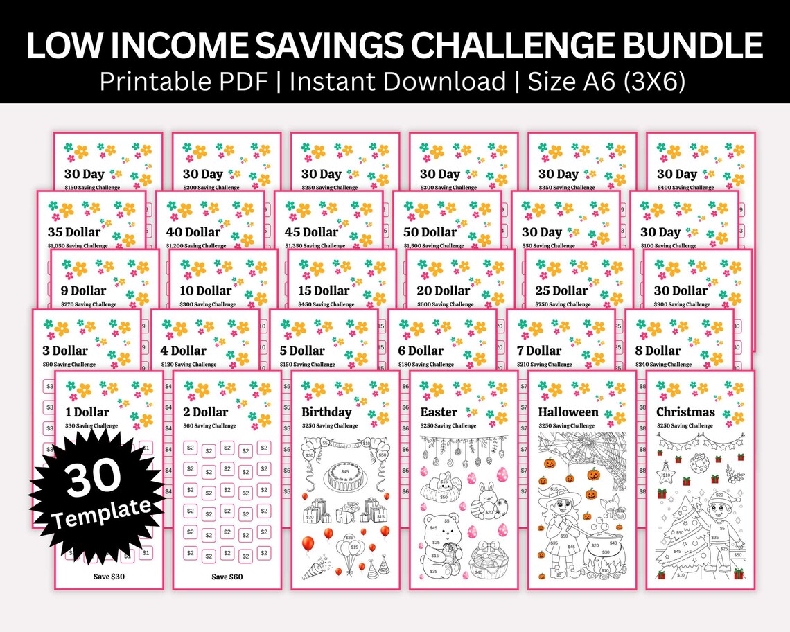 Low Income Saving Challenge Printable Bundle, Mini A6 Saving Challenge ...