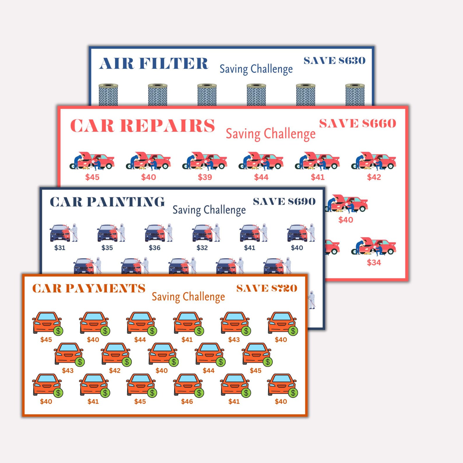 Car Savings Challenge Printable Bundle, Vehicle Auto Repair Saving ...
