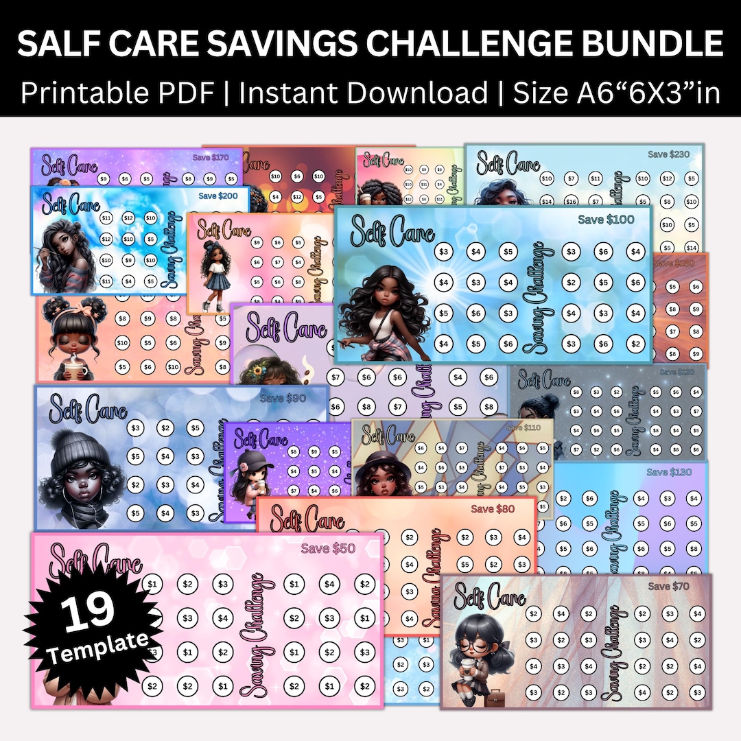 Self Care Savings Challenge Printable Bundle, Cute Black Beauty Girl ...