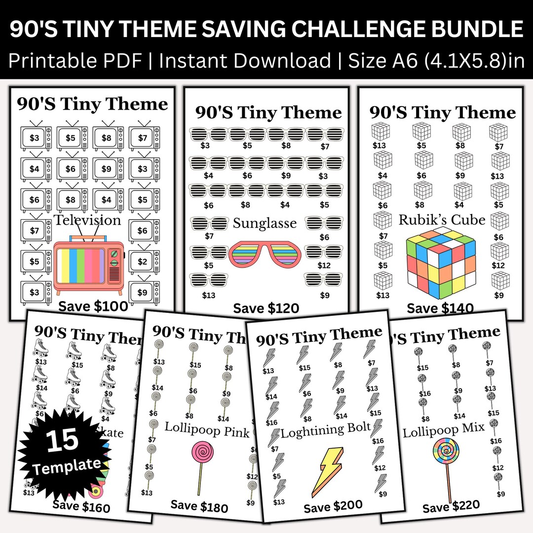 90’s Tiny Theme Saving Challenge Bundle, A6 Savings Tracker PDF, Retro ...