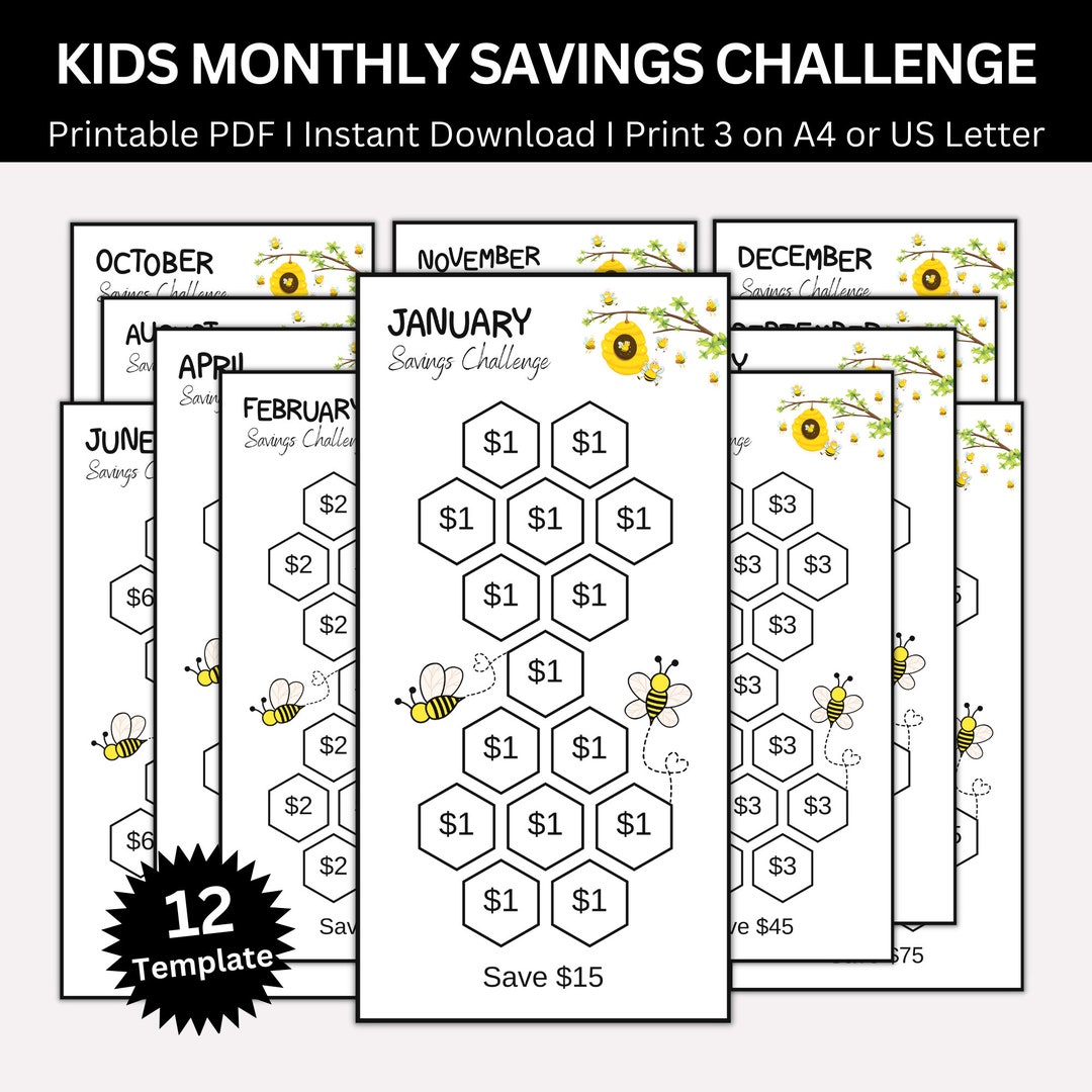 Monthly Kids Savings Challenge Printable, A6 Kids Mini Saving ...