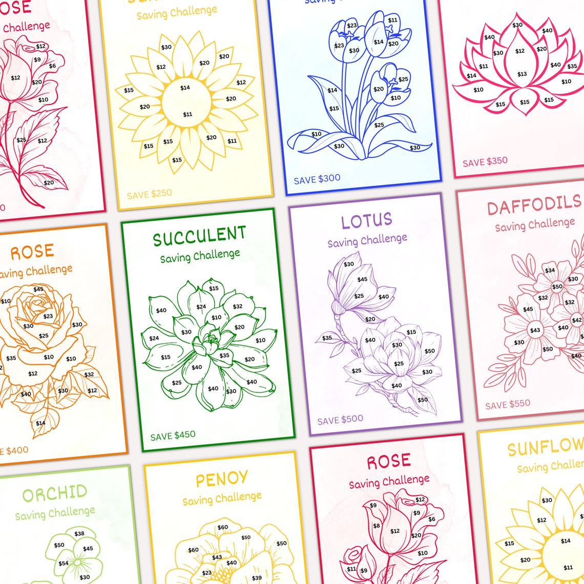 Floral Coloring Savings Challenge Printable, Flower A6 Mini Saving ...
