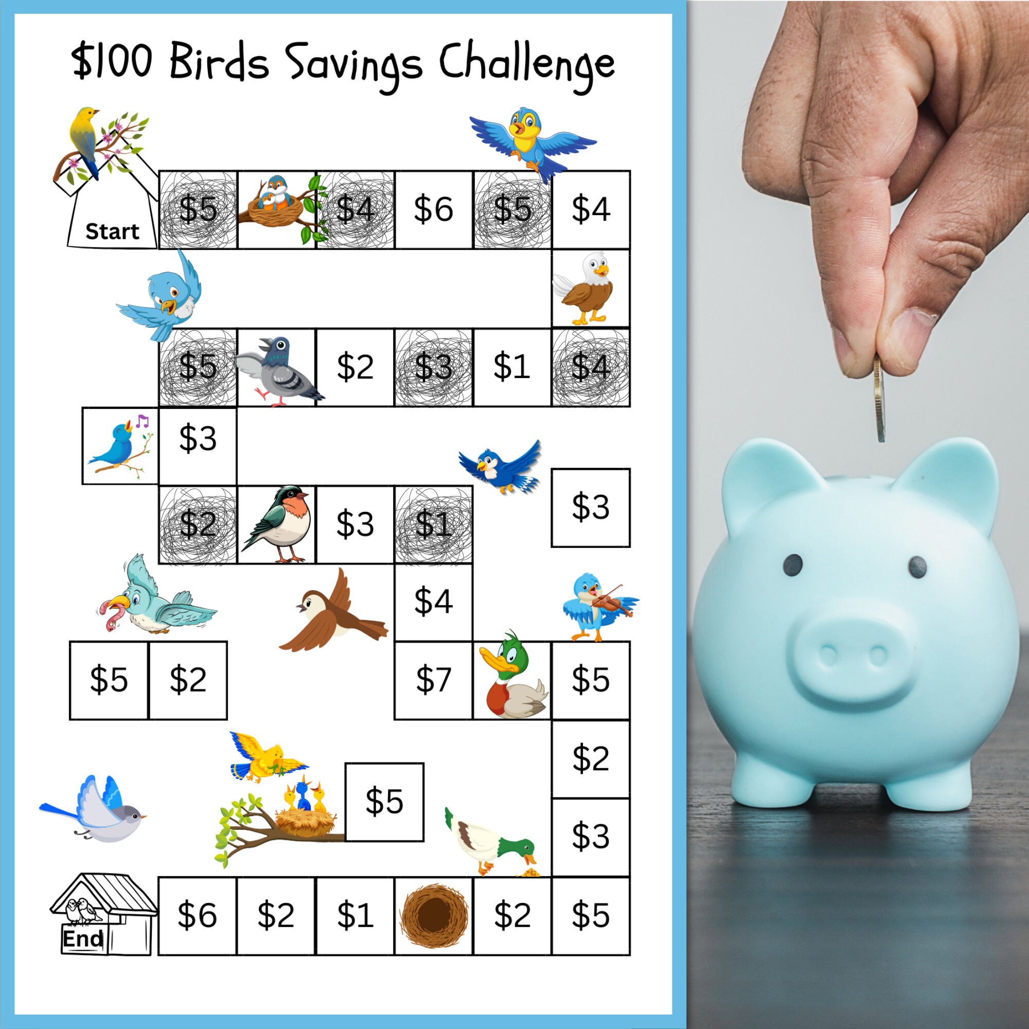 Birds Savings Challenge Printable Bundle, Mini A6 Low Income Bird ...