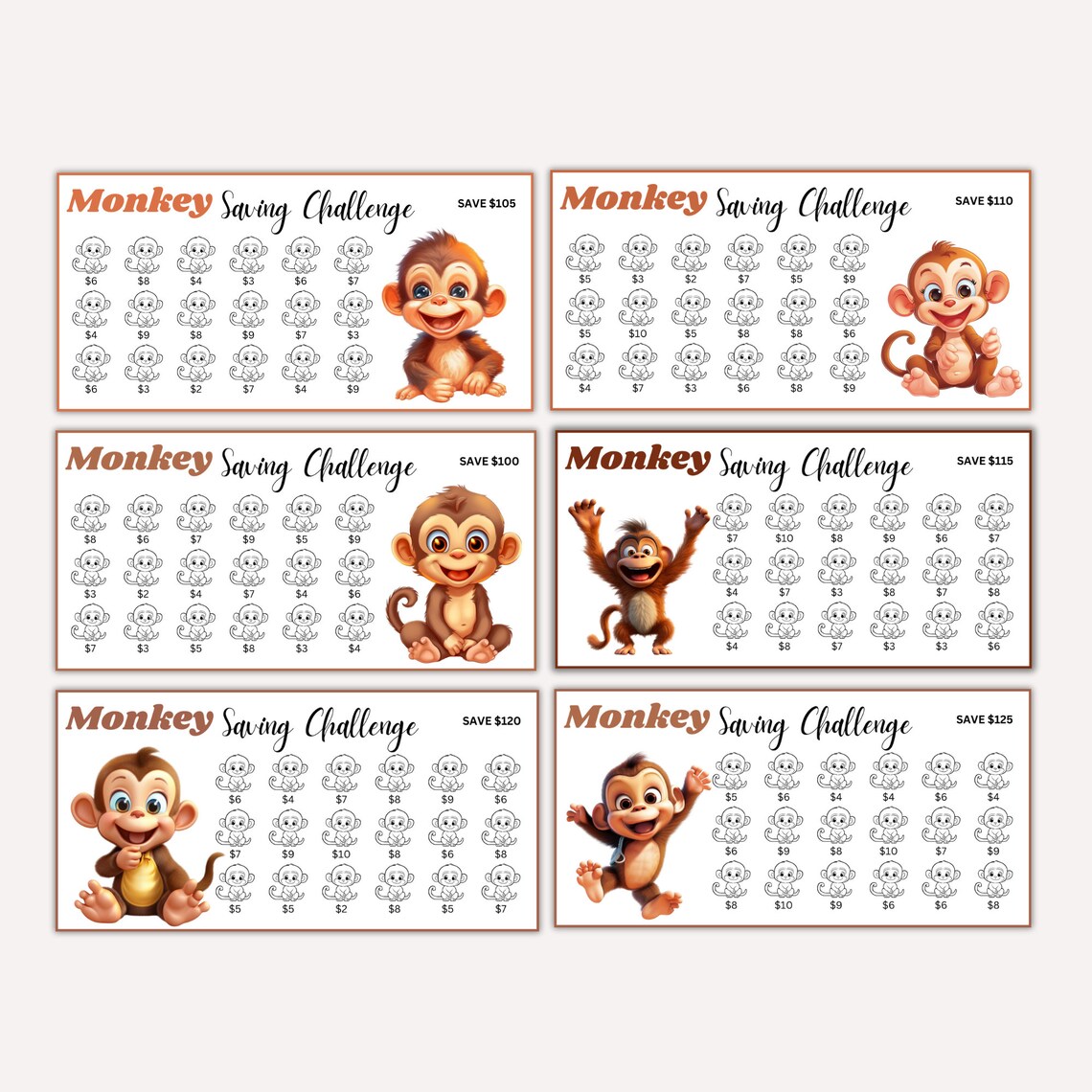 Monkey Saving Challenge Printable, Mini A6 Monkey Animal Savings ...