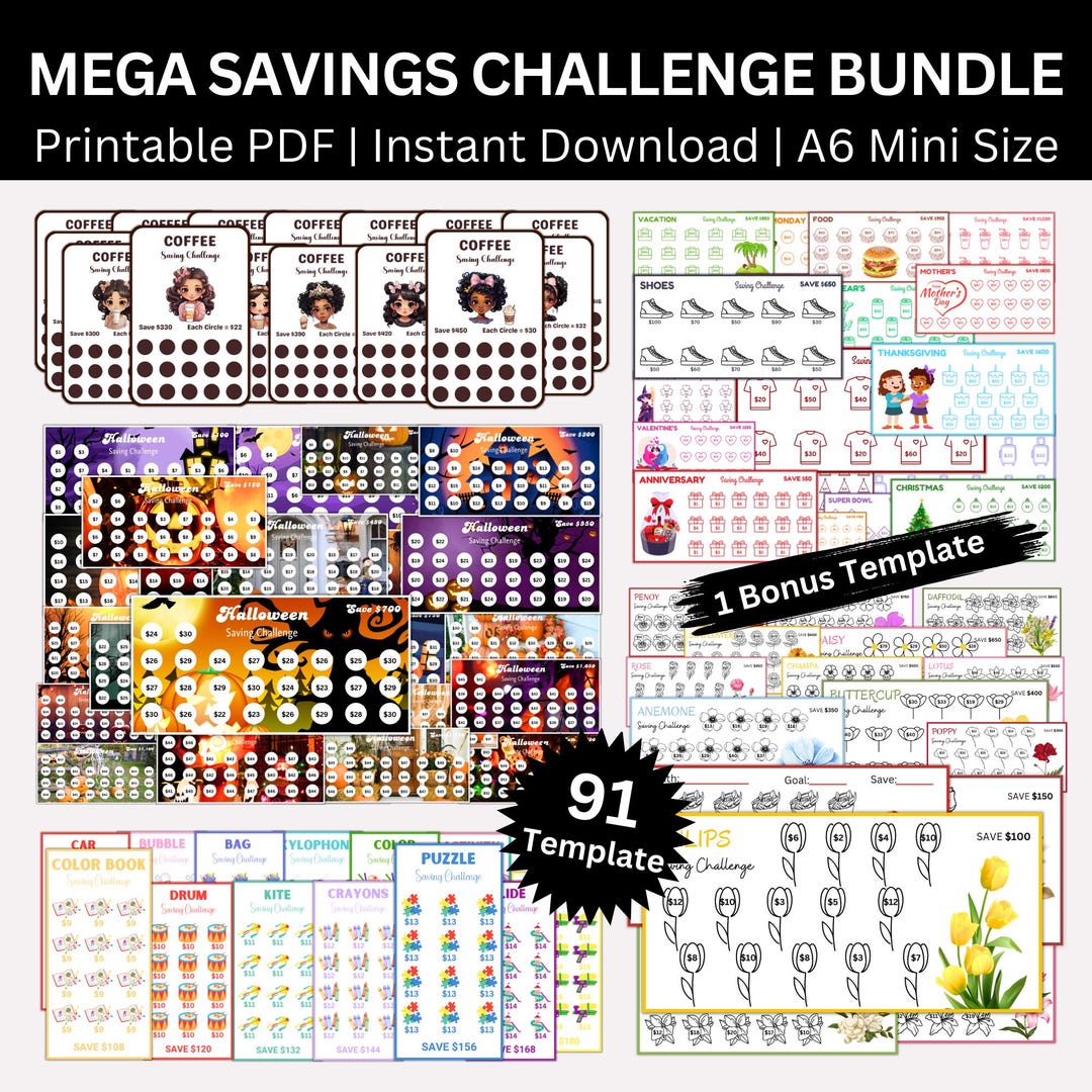Mega Savings Challenge Printable Bundle, Cute Coffee Saving Challenges ...
