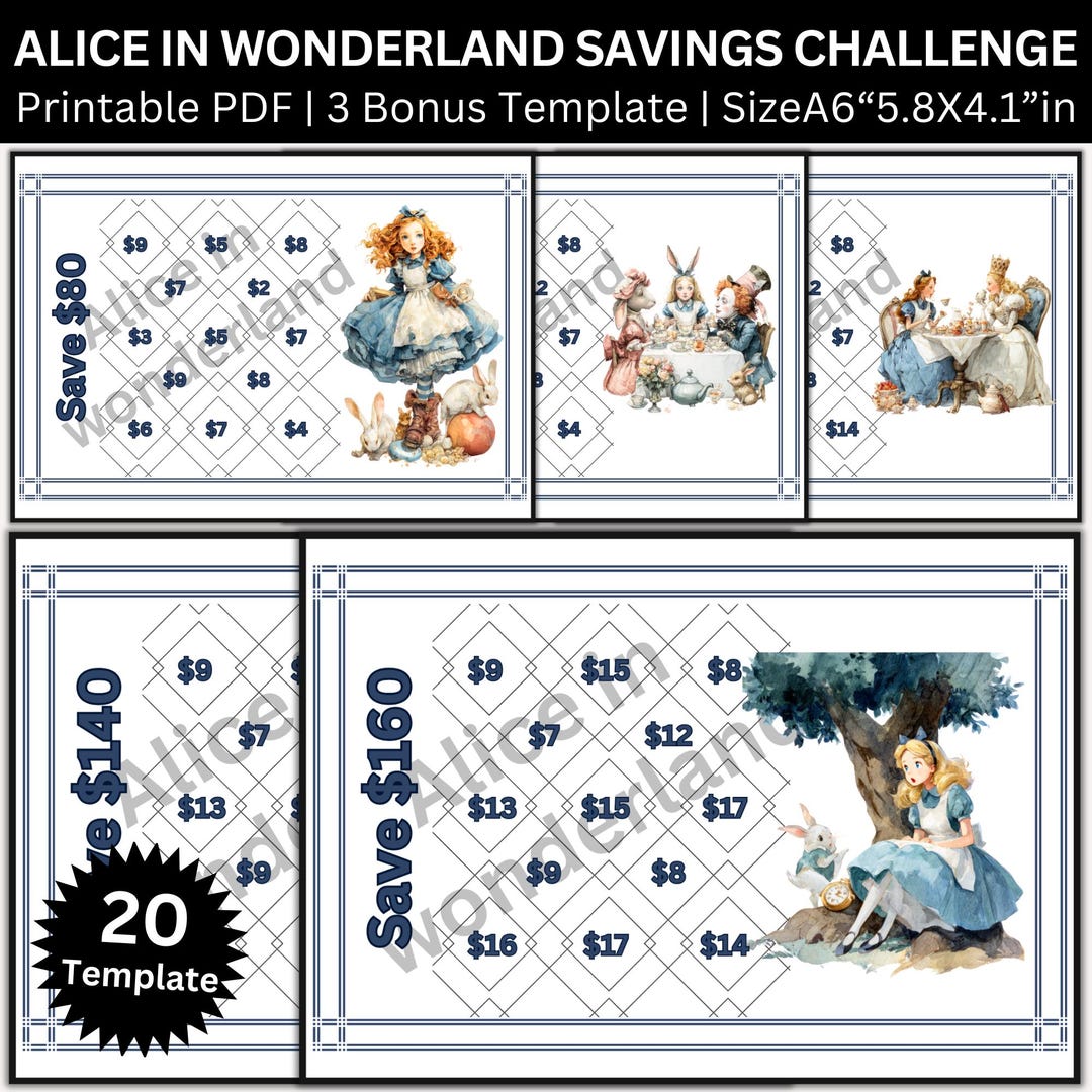 Alice in Wonderland Savings Challenge Bundle Printable, 20 A6 Money ...