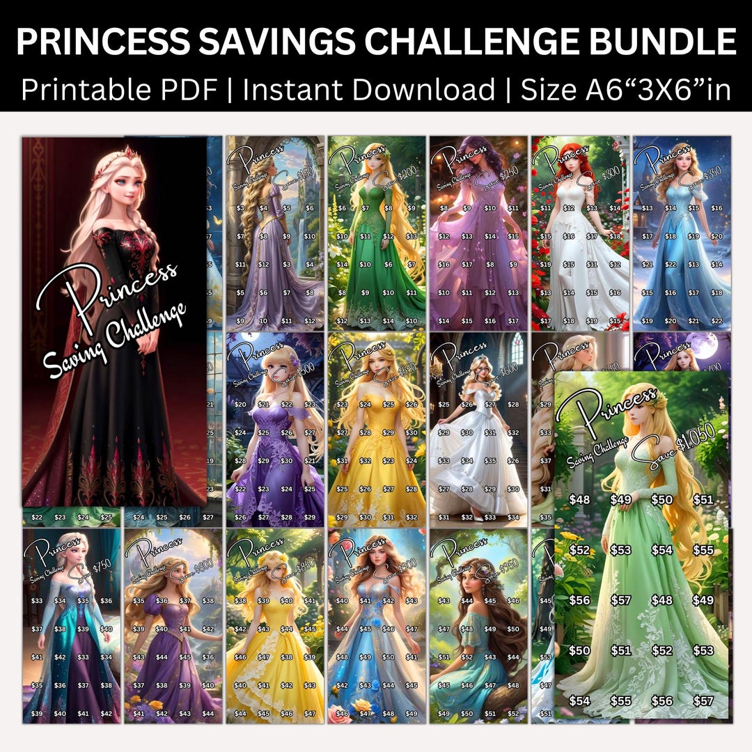 Princess Savings Challenge Printable Bundle, A6 Cute Girl Saving ...