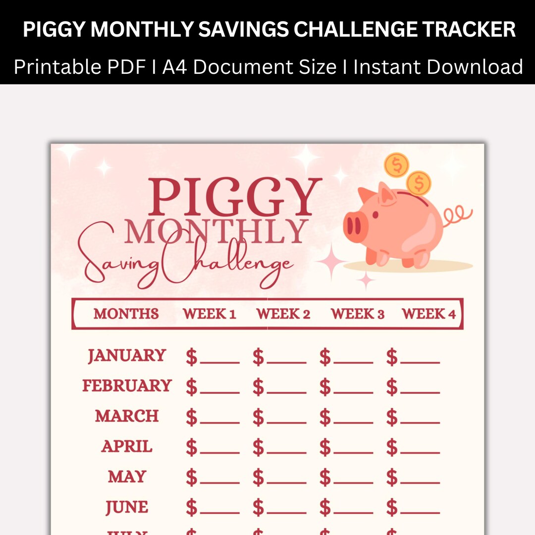 Piggy Monthly Savings Challenge Tracker Printable, Mini Piggy Bank ...