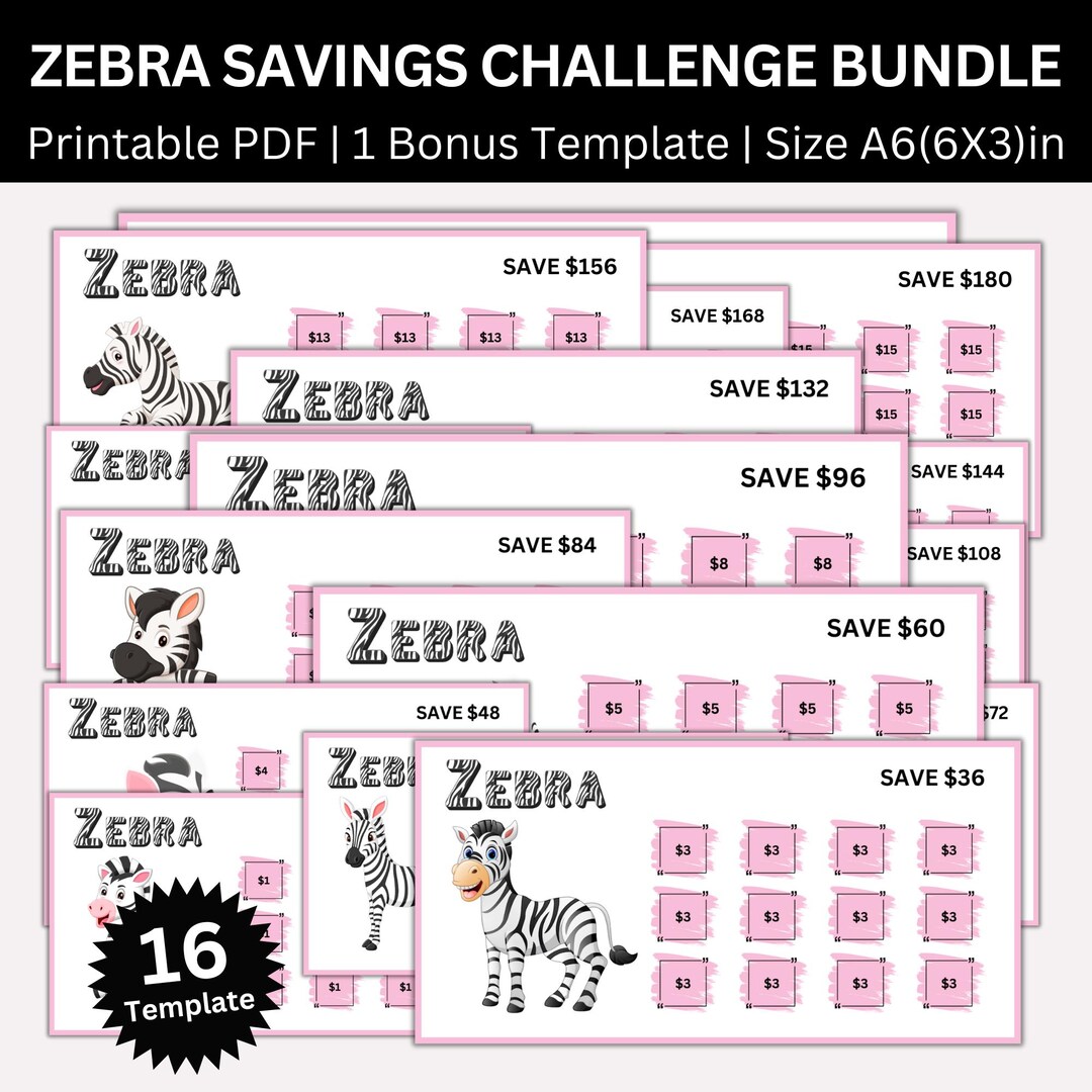 Zebra Savings Challenge Printable Bundle, Mini A6 Animal Saving ...