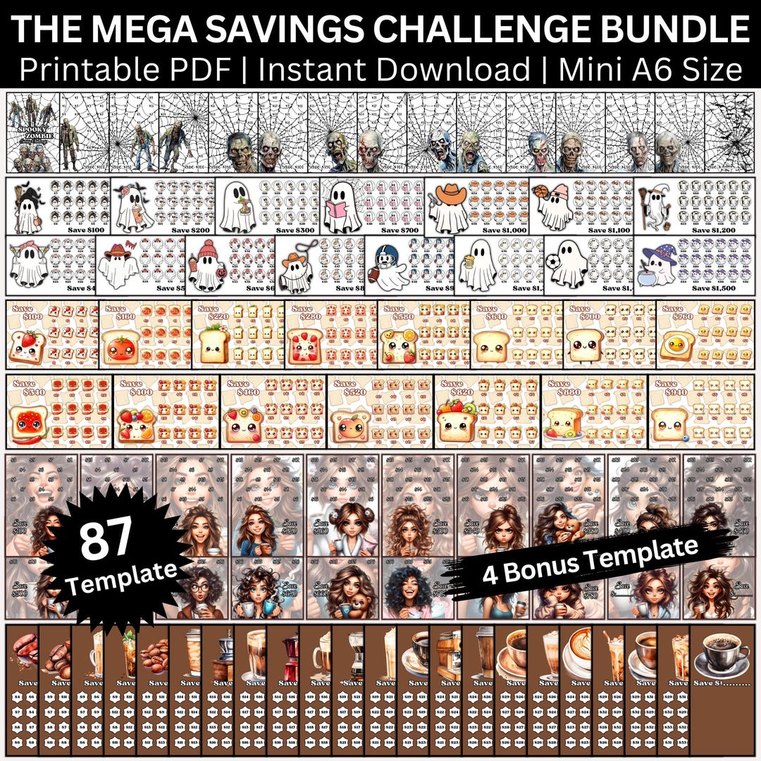 A6 Savings Challenge Bundle: Coffee, Ghost, Zombie, Toast (printable ...