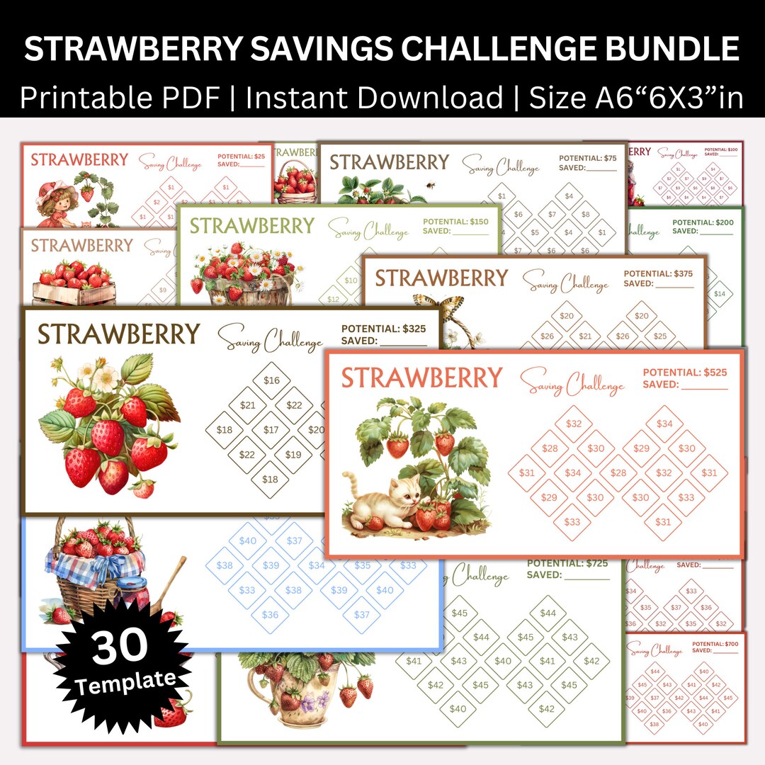 Strawberry Savings Challenge Printable Bundle, Mini A6 Strawberry ...