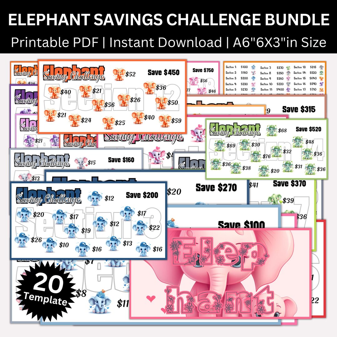 Elephant Savings Challenge Printable Bundle, Mini Cute Animals Saving ...