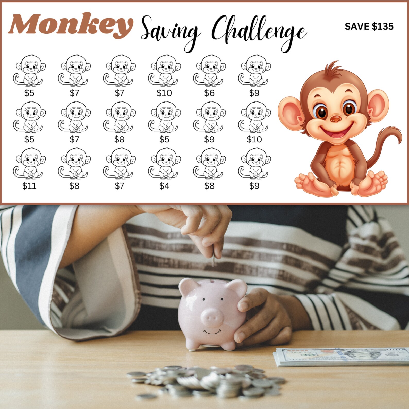 Monkey Saving Challenge Printable, Mini A6 Monkey Animal Savings ...