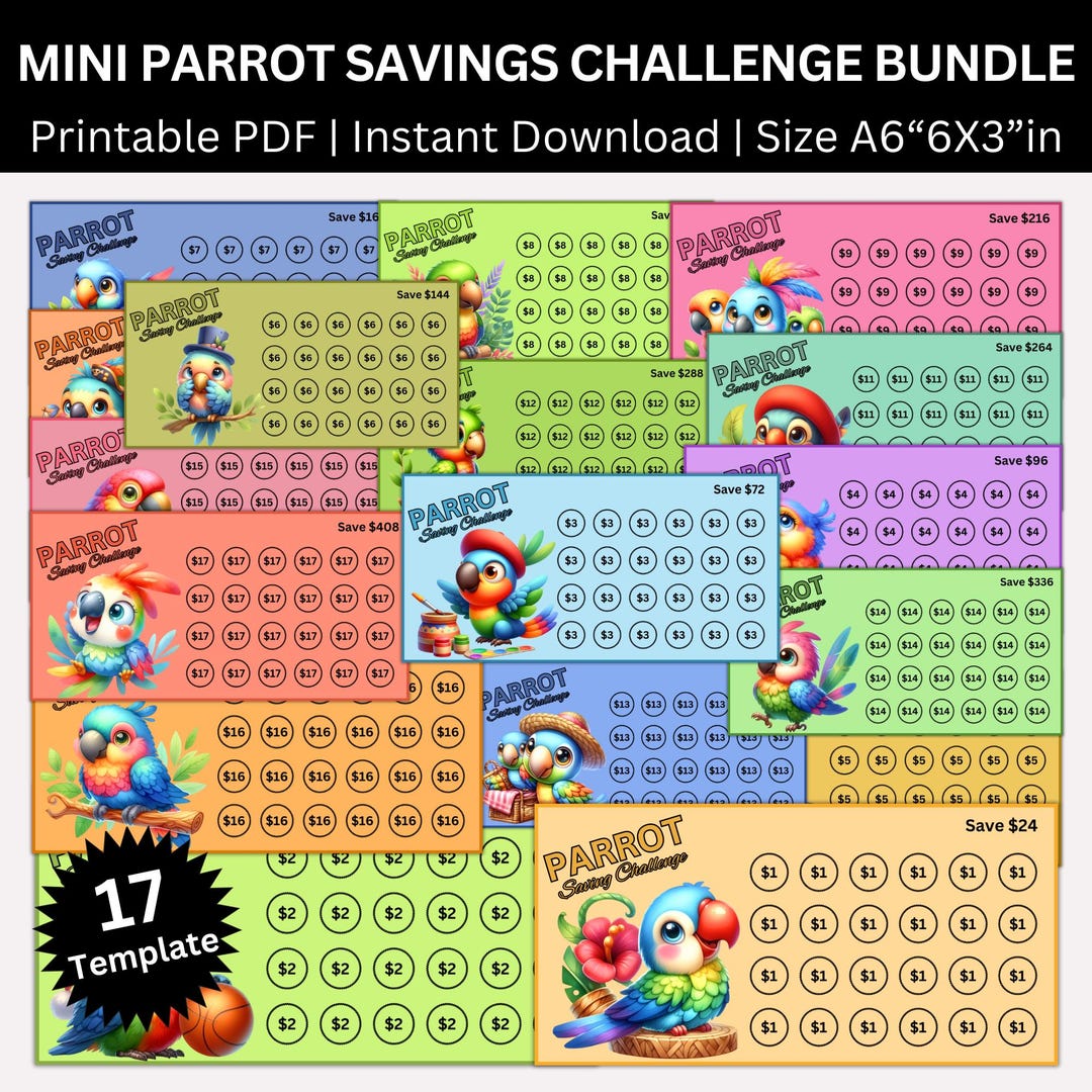 Mini Parrots Savings Challenge Printable Bundle, Mini A6 Parrot Saving ...