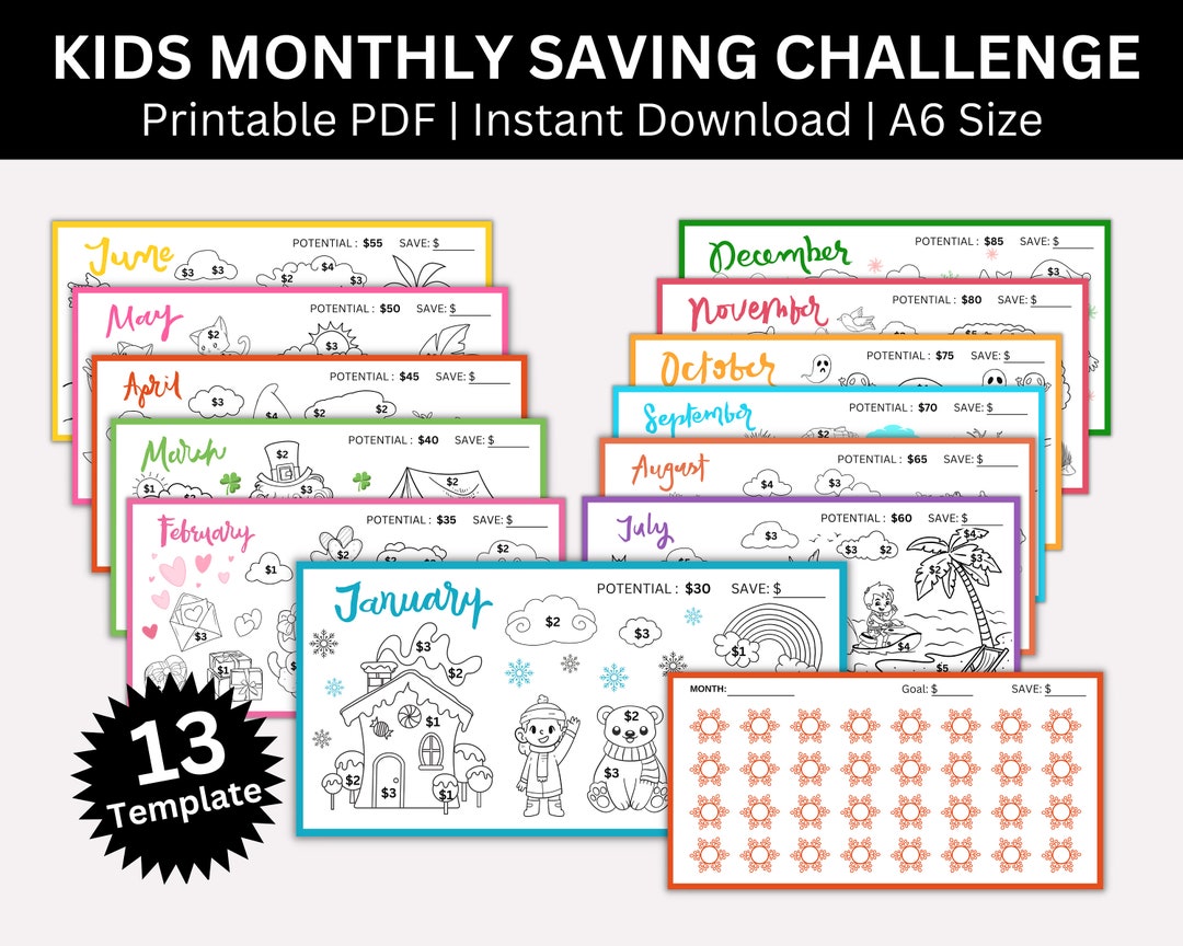 Monthly Kids Savings Challenge Printable A6 Kids Mini Saving - Etsy