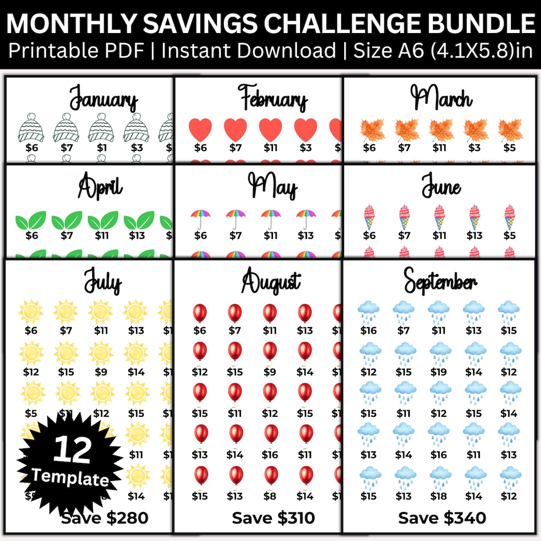 Monthly Savings Challenge Bundle Printable PDF, Save 3,180 Money Saving ...