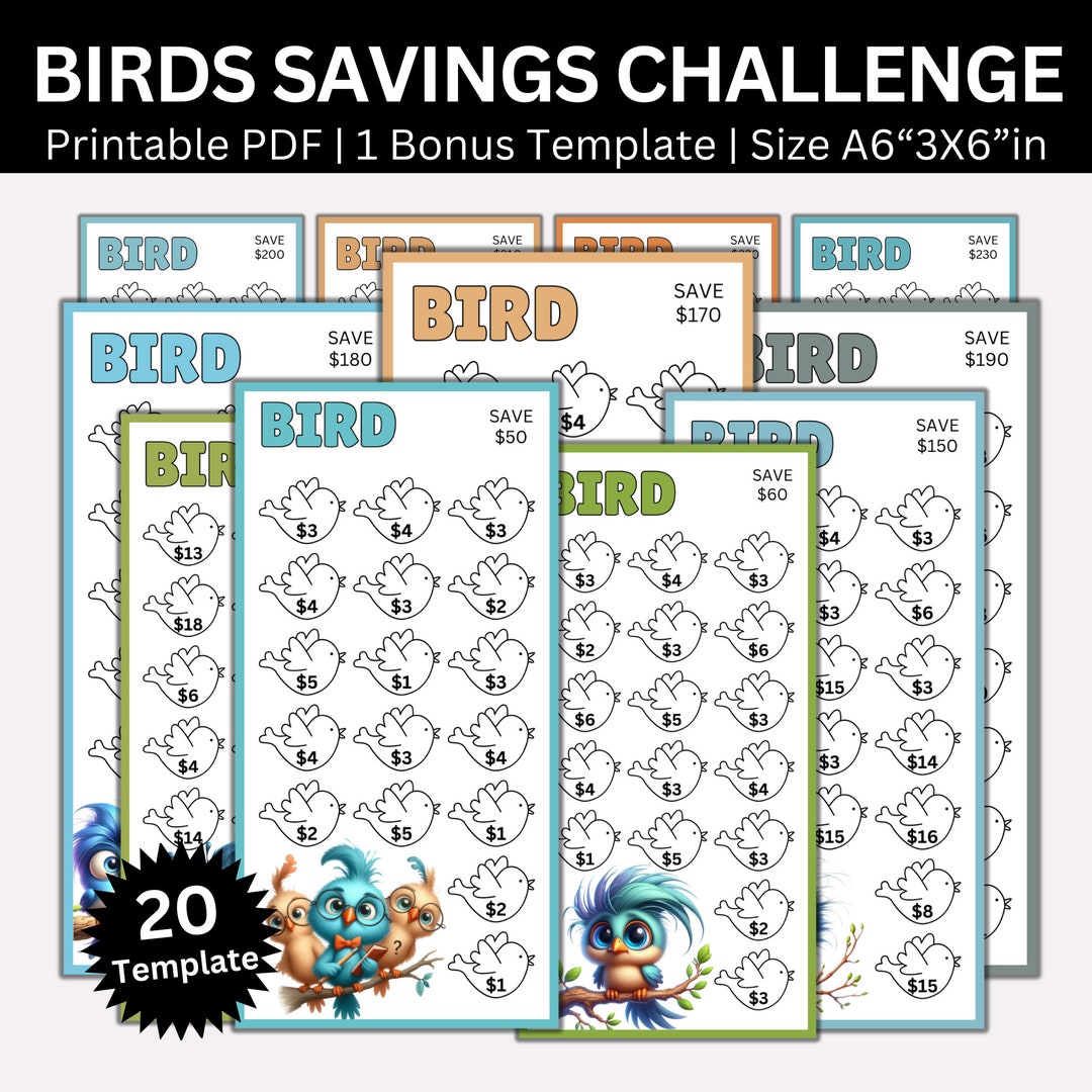 Birds Savings Challenge Printable Bundle, Mini A6 Low Income Bird ...