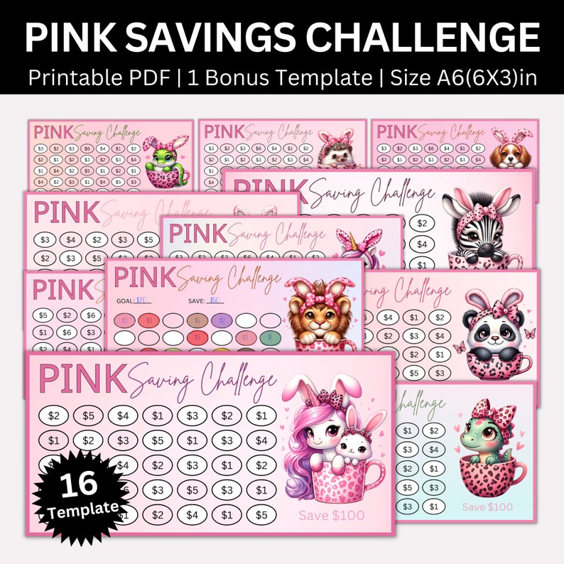 Pink Savings Challenge Printable, Pink Planner, Mini A6 Pink Animal ...